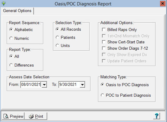 OASIS/POC Diagnosis Report